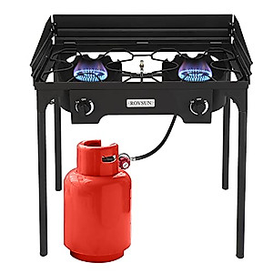 ROVSUN 2 Burner Outdoor Propane Gas Stove with Windscreen, 150,000 BTU High Pressure Stand Cooker for Backyard Cooking Camping Home Brewing Canning Turkey Frying, 20 PSI Regulator