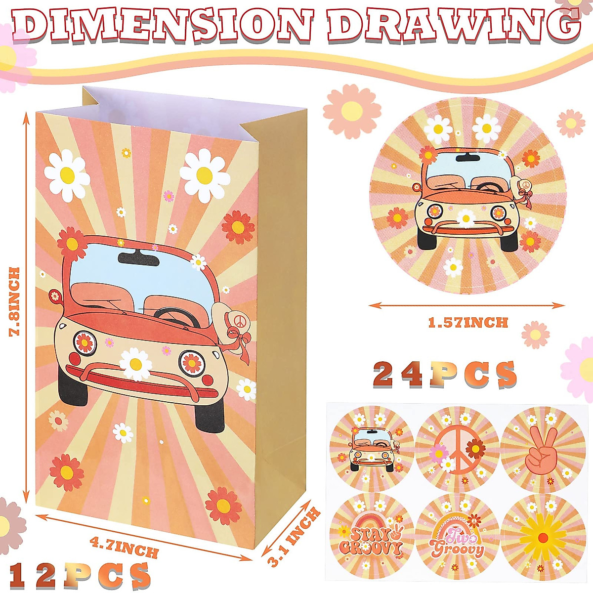 Tudomro 36 Pcs Two Groovy Boho Hippie Party Favors Bags with Stickers Two Groovy Party Decorations for Birthday Baby Shower Party Supplies