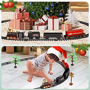 UNIH Train Set,Electric Train Toys with Steam Locomotive Engine,Cargo Car and Long Track, Model Train Set with Smokes,Lights & Sound, Toy Train Gifts for 3 4 5 6 7 8+ Year Old Kids Boys Girls