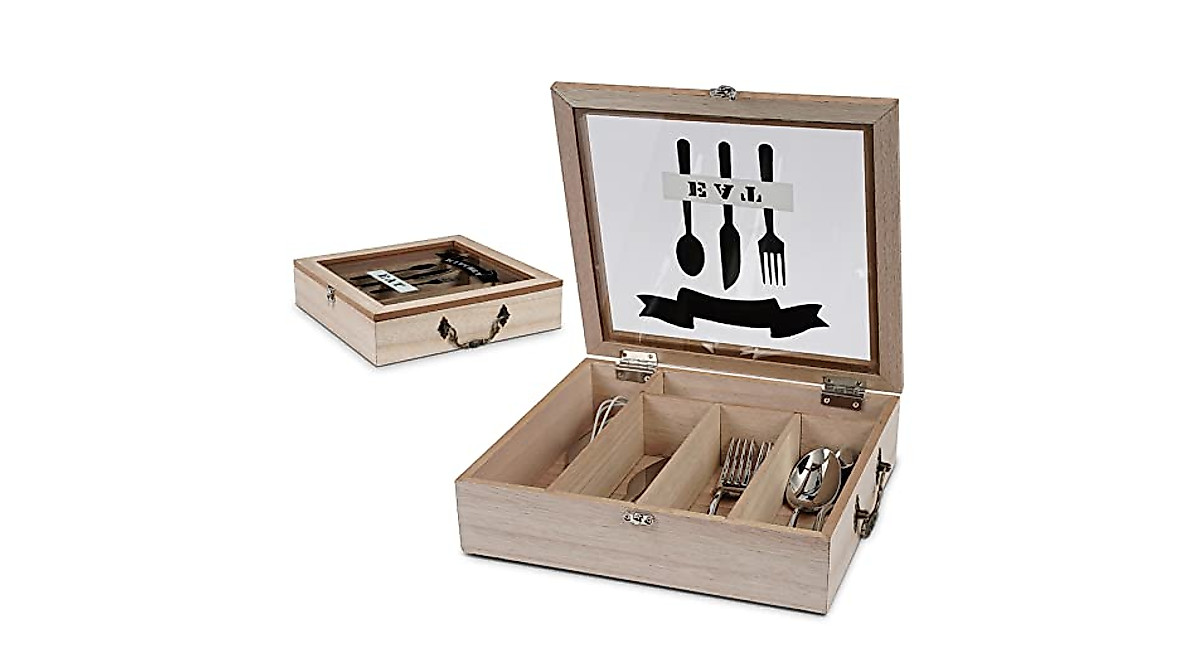 Wooden Cutlery Box with Lid | 4 Compartment Organizer