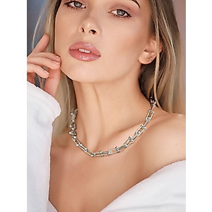 KeyStyle Paperclip Chain Necklace for Women, Stainless Steel Bamboo Link Choker Chains Paper Clip Necklaces for Rapper (16 Inches + 2 Inches)