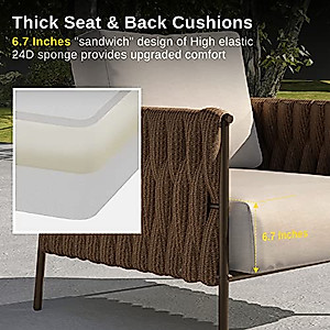 EAST OAK 3 Pieces Patio Furniture Set, Armchairs with Coffee Table, Outdoor Furniture with Thick Cushion, Modern Furniture Deep Seating for Garden Porch, Chestnut Brown & Creamy Apricot