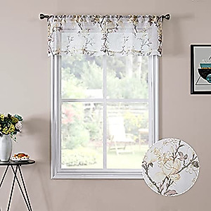 Tollpiz Floral White Sheer Valance Curtains Flower Print Vine Embroidery Bedroom Curtain Valances Rod Pocket Voile Window Curtains for Living Room, 54 x 16 inches Long, Set of 1 Panel