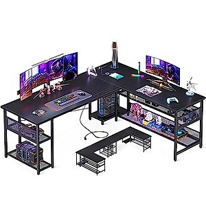 ODK 66" L Shaped Desk with Power Outlet and USB Charging Ports, Reversible L Shaped Computer Desk with Storage Shelves, Home Office Desk, Gaming Desk, Corner Desk, Black