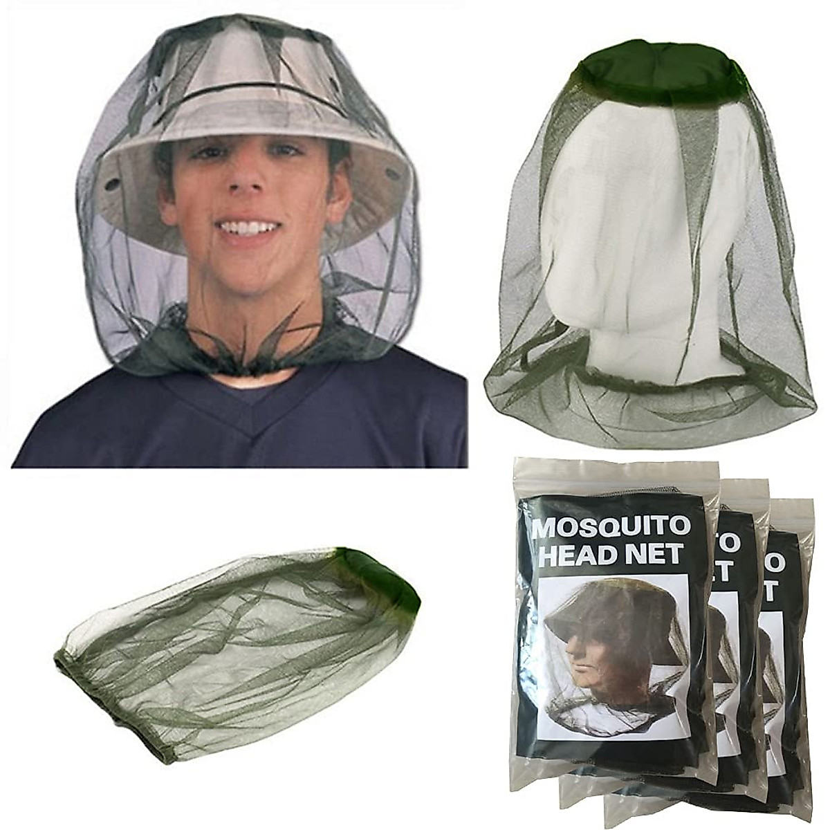 Mosquito Head Mesh Nets Gnat Face Netting Protecting Net for Any Outdoor Activities, Works Over Most Hats Comes(Total 3pcs, Black, Gray, Military)
