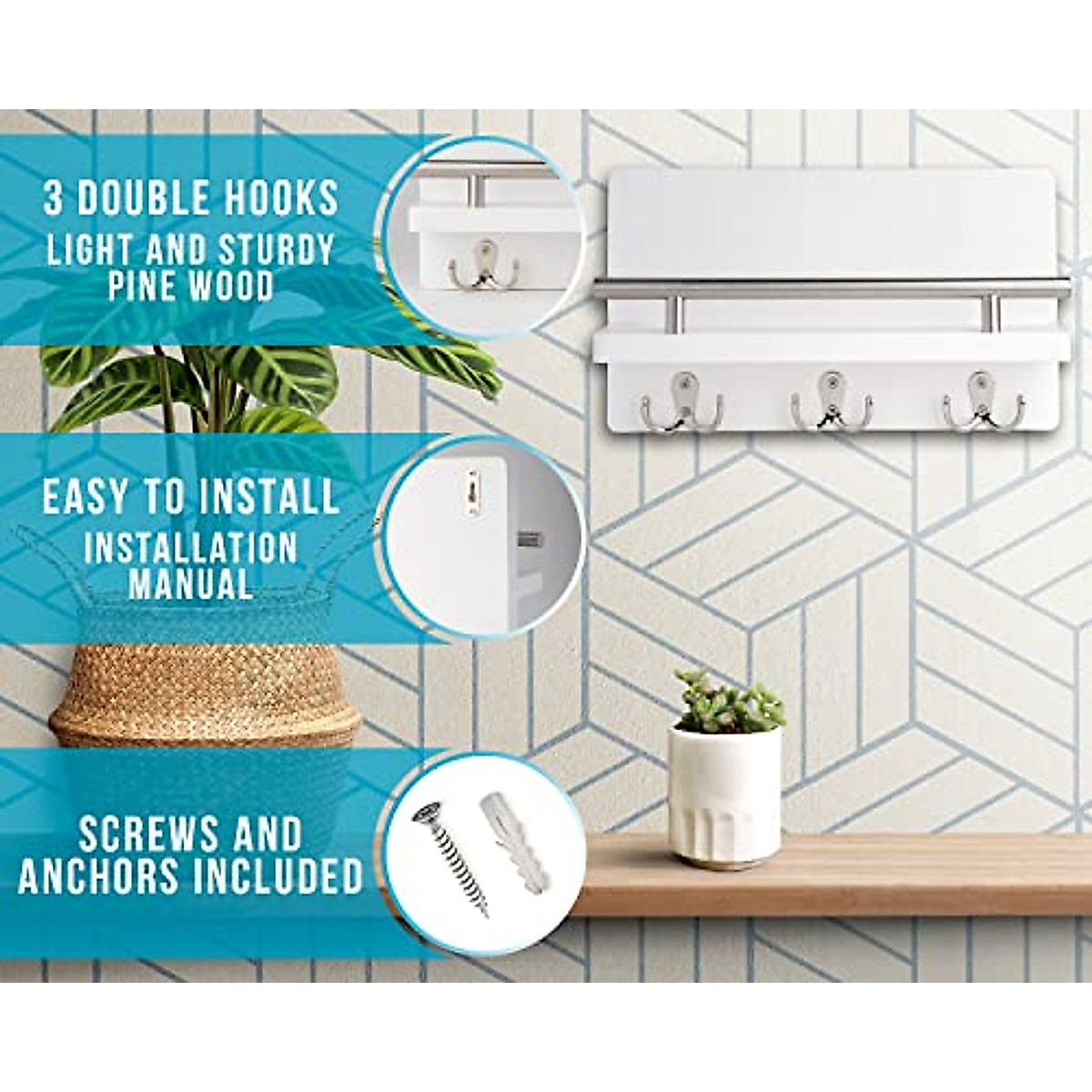 Comfify Key Holder for Wall - Natural Pine Wood Texture, Modern Decorative Finish, Metal Key Hooks with Mail Organizer/Sorter Slot White