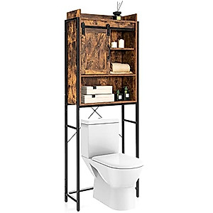 Tangkula Over-The-Toilet Storage Cabinet, Freestanding 4-Tier Bathroom Organizer Rack w/Adjustable Shelf & Sliding Barn Door, Multifunctional Bathroom Space Saver, 25 x 9.5 x 67.5 in (Rustic Brown)