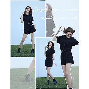 Zeagoo Women's 2 Piece Solid Color Tracksuits Outfits Summer Short Sleeve Set,Black,X_Large