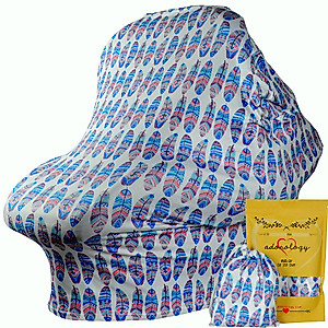 Baby Car Seat & Nursing Cover & Drawstring Carry Bag in Cute Feather Design Shower Gift Breathable Stretchy Universal 4 in 1 Multi-Use Infant Carseat Canopy Covers Shopping Cart High Chair Stroller