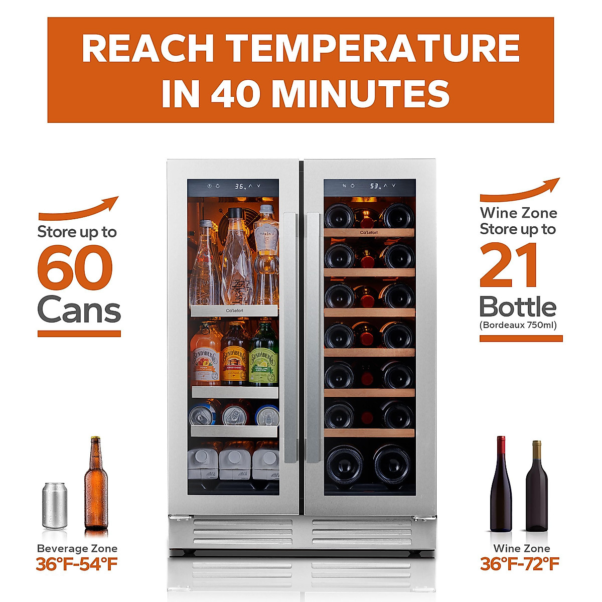 Ca'Lefort Wine and Beverage Refrigerator - 24 inch Dual Zone 60 Cans 20 Bottles Drink Fridge with Glass Door, 3 Color LED Lights Wine Cooler for Beer Soda for Home Office Bar Bedroom