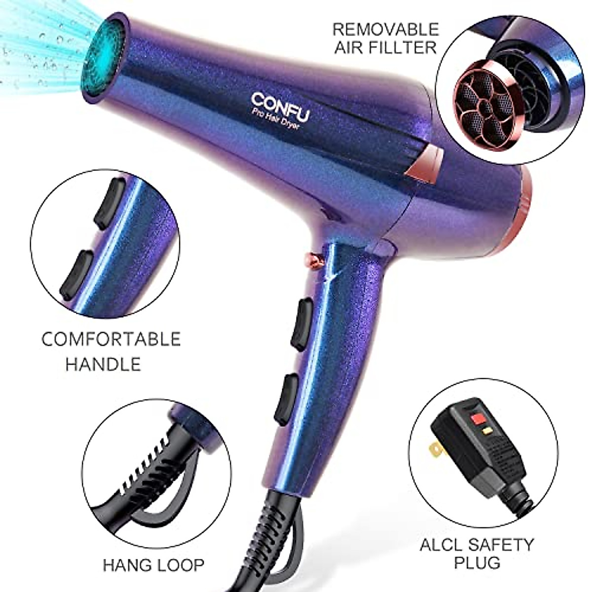 CONFU Professional Hair Dryer, Compact Blow dryer, Negative ionic Hair Dryer With Diffuser And Concentrator, For Quick Drying, ETL Certified, Purple