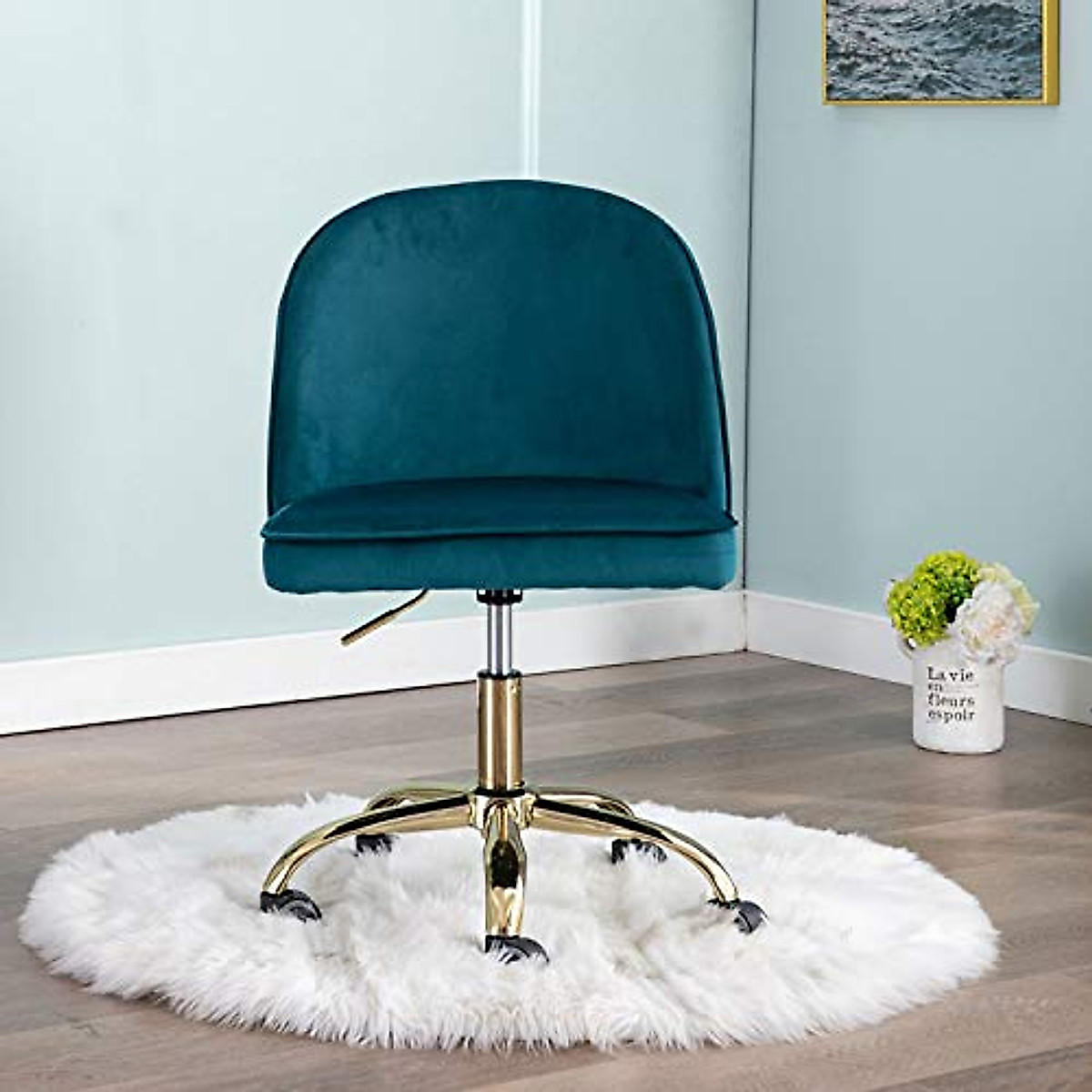 Guyou Pink Velvet Gold Desk Chair with Wheels Armless Upholstered Vanity Chair, Rolling Swivel Small Task Chair Home Desk Chair for Home Office Studio (Peacock Blue)