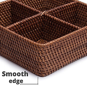 Rattan Basket Compartments Square Divided Organizer 4-Section for Shelves 12 x 12 x 3.5 in Divided Basket Wicker Toilet Paper Basket for Storage Organizing Bathroom(4-Divider, Dark Brown)