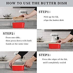Ceramics Butter Dish with Wooden Lid- Large Covered Butter Holder for Countertop, Butter Keeper Container Perfect for Holds 2X 4oz West/East Coast Butter, Red