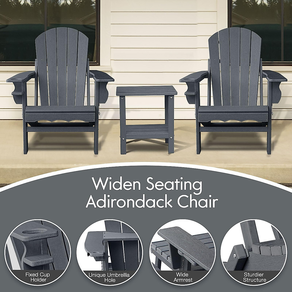 CLOUDEEP Folding Adirondack Chairs, Oversized Adirondack Chairs with Side Table and Cup Holder, Modern Composite Plastic Outdoor Furniture Chairs for Patio, Fire Pit, Porch, Backyard, Deck