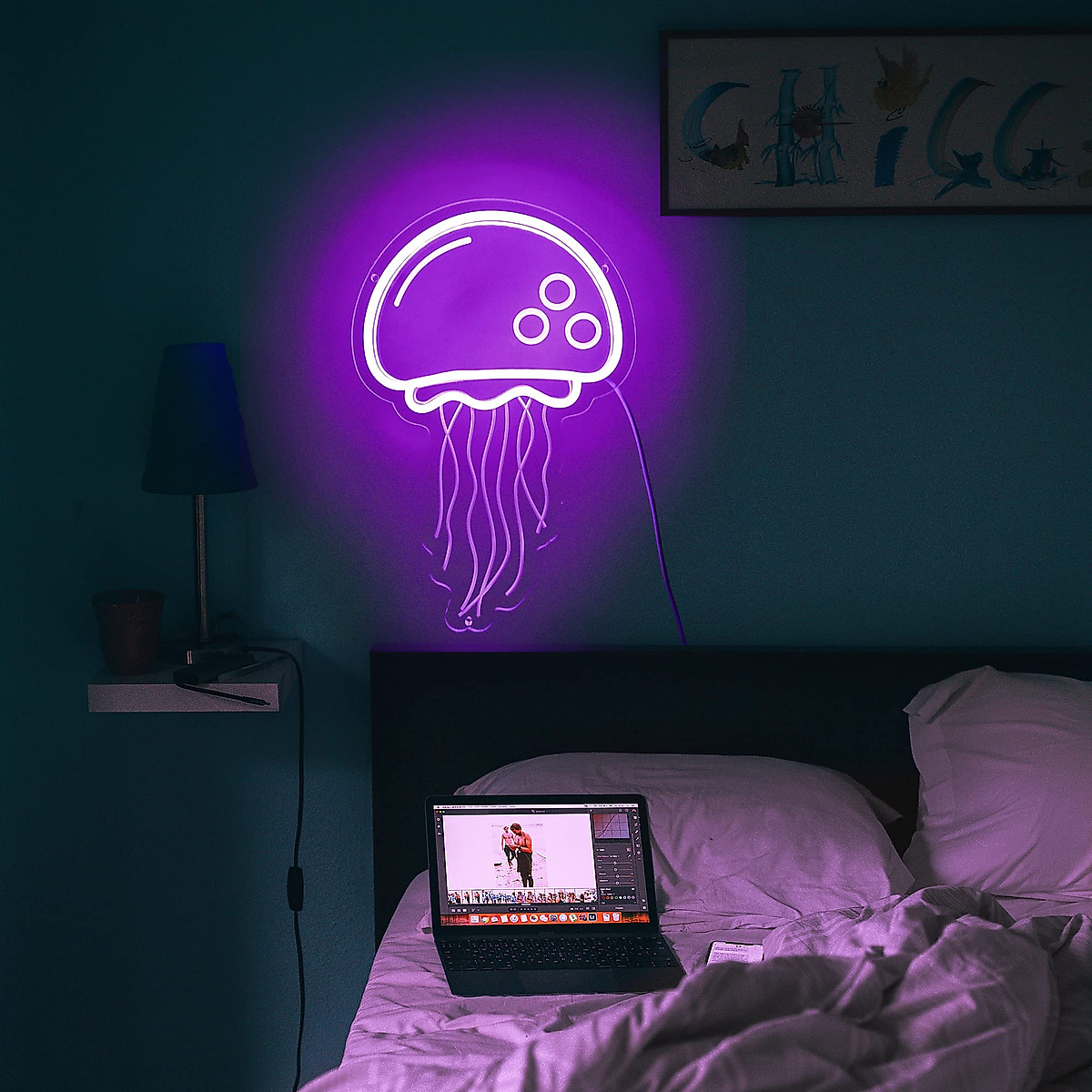 Jellyfish Neon Signs for Wall Decor Light Up Personalized for Bedroom, Bar, Birthday, Holiday Party, Wedding. USB Powered 3D Art Creative Purple Light LED with Dimmer Switch