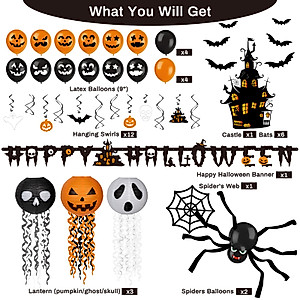 DECORLIFE Halloween Party Decorations - Halloween Decoration Indoor with Happy Halloween Banner, Halloween Swirls, Lanterns, Castle Bats Spiders Web Balloons - Halloween Decor for Home Classroom Car