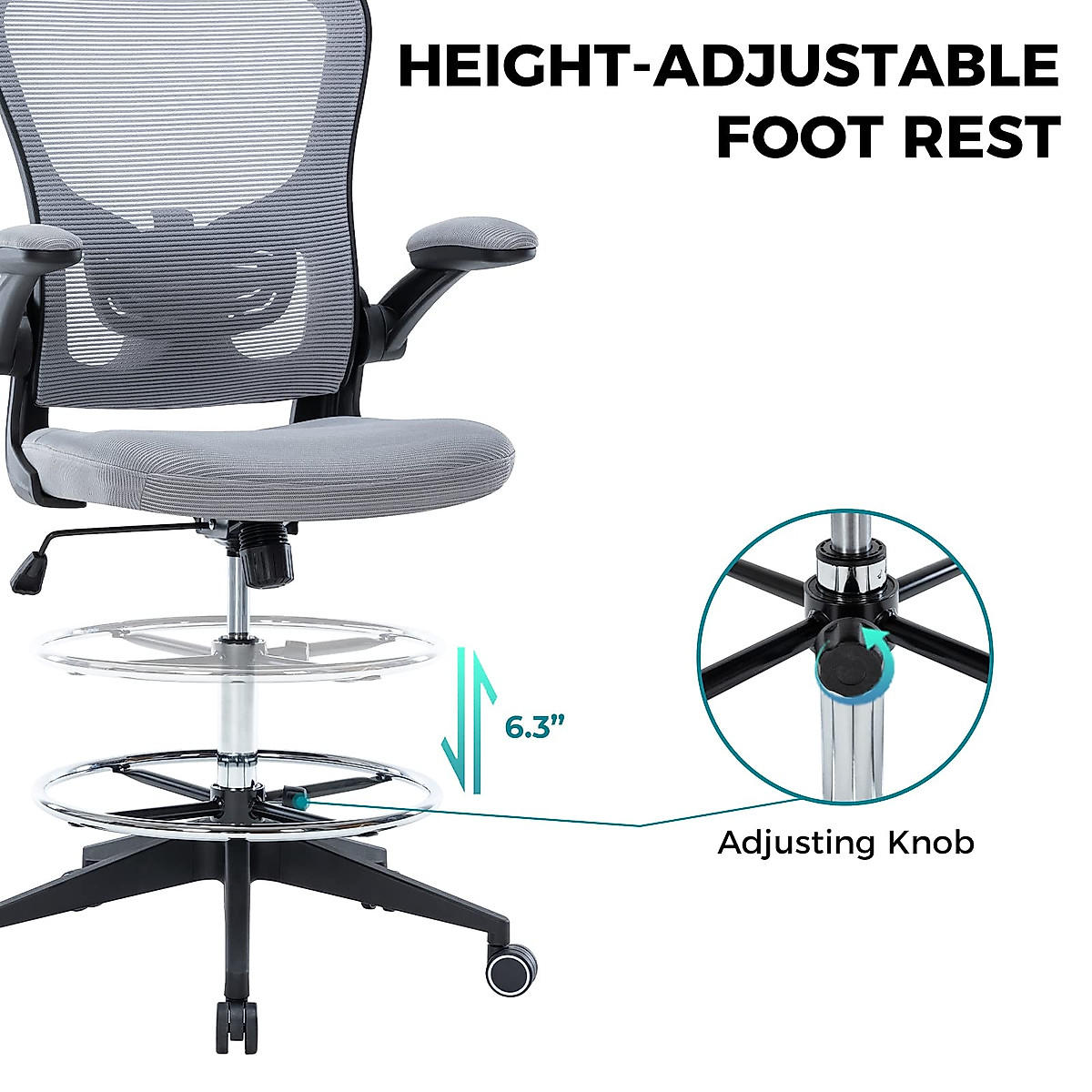 Hramk Ergonomic Office Drafting Desk Chair with Flip up Arms, Mesh Back Tall Office Chair with Adjustable Lumbar Support and Foot Ring (Nylon Wheelbase, Grey)
