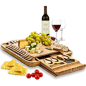 Large Charcuterie Board Gift Set - Bamboo Cheese Board and Knife Set - Wooden Cheese Board Platter - Meat/Cheese Cutting Board with 4 Cheese Knives - Mothers Day Gifts, Housewarming, Wedding Gift