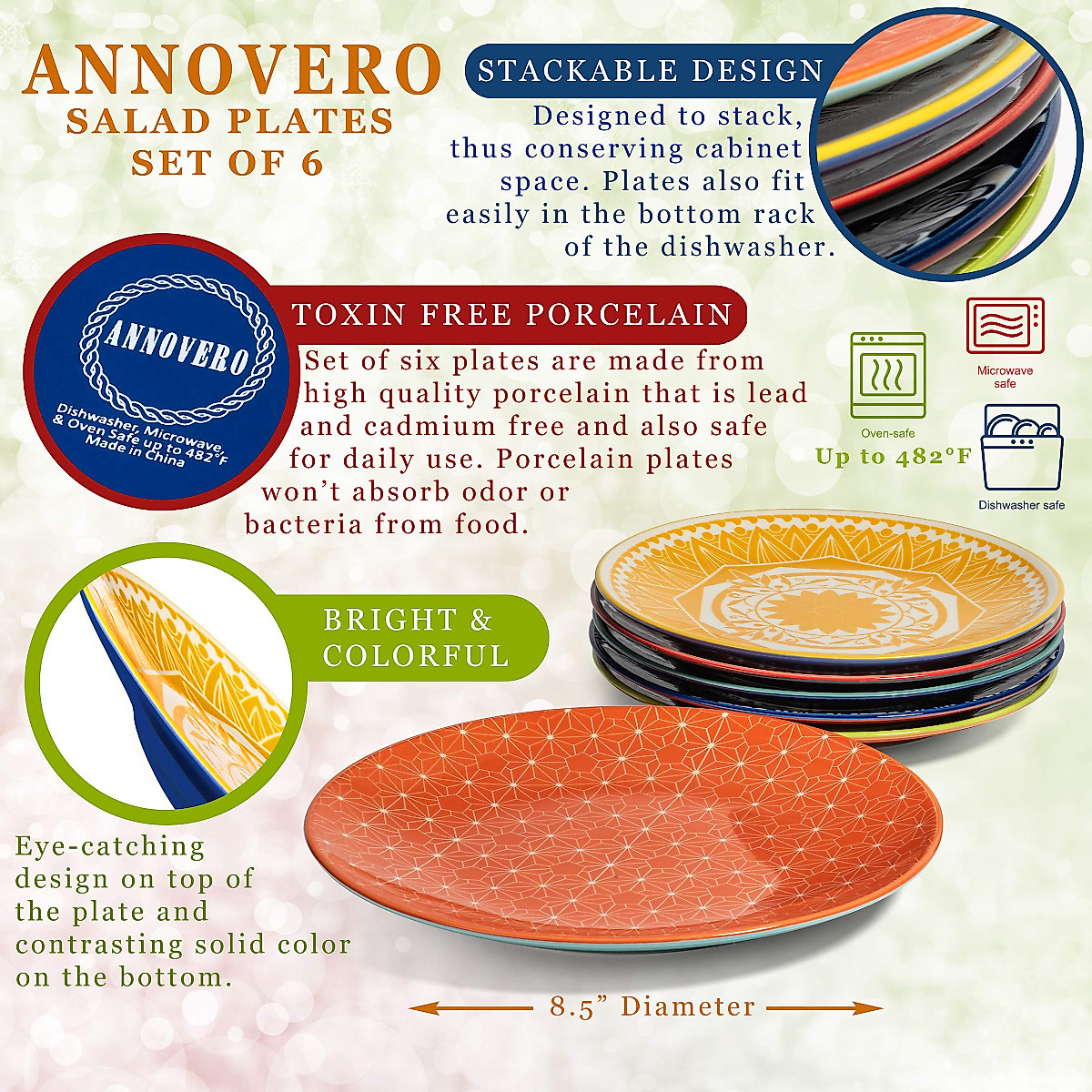 Annovero Cereal Bowls, Salad Plates, Pasta Bowls. Cute and Colorful Porcelain Dishes for Kitchen, Microwave and Oven Safe. Bundle