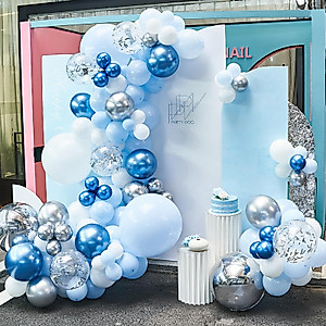 PartyWoo Blue Balloon Garland Kit, 140 pcs Blue and White Balloon Arch Kit, 4D Silver Balloons, Metallic Balloons, Confetti Balloons for Baby Shower Decorations, Birthday Decorations, Baptism
