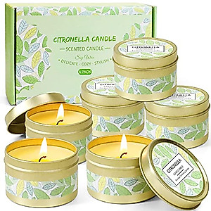 Citronella Candles Outdoor, Scented Candles Natural Citronella Soy Wax Candles, Travel Tin Candle Set, Lemongrass Candles for Camping, Backyards, Indoor (6x2.5oz)
