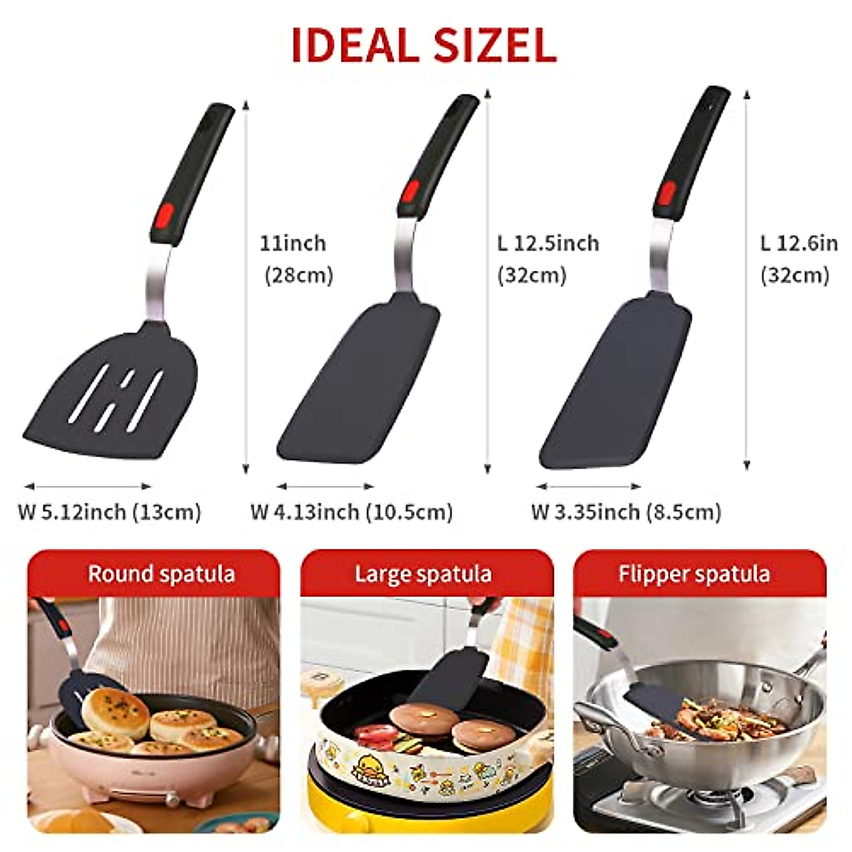 Hvanam Silicone Spatula Turner Set Large And Thin Flipper Spatulas Heat Resistant 600 ° F Slotted Flexible Turner Cooking Utensils For Nonstick Cookware Egg,Pancake,Fish,Omelette,Hamburger (3 Pack)