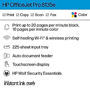 HP OfficeJet Pro 8135e Wireless All-in-One Color Inkjet Printer, Print, Scan, Copy, Fax, ADF, Duplex Printing, Best-for-Home Office, 3 Months of Instant Ink included (40Q35A)