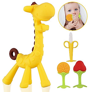 Baby Teething Toys for Newborn (4-Pack),Baby Chew Toys Teething Freezer Set Soothing Baby, Toddler Silicone Banana Toothbrushes Fruit Giraffe Teethers Soothe Babies with Storage Case Set