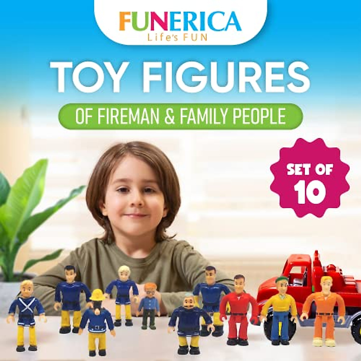 FUNERICA 10-Set Toy Figures of Fireman and Family People for Kids, Children, Toddlers, Boys and Girls Pretend Play. Firemen, Action Party Supplies Figurines