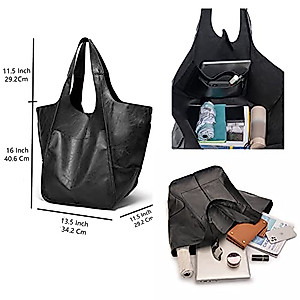 KlaOyer Oversized Leather Tote Bag Large Capacity Work Hobo Pu Leather Bucket Purse And Handbag Big Soft Travel Shopping Bag (Black)