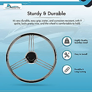 MARINE CITY 316 Grade Stainless Steel Polished Steering Wheel 15 Degree Dish 9 Spokes 13-1/2 Inches for Boats Yachts Ships (Pack of 1)
