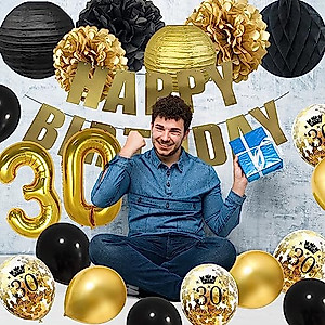 Black and gold 30th Birthday Party Decorations, Happy Birthday Banner with Paper Decorations Tablecloth, Number 30 Balloon, Black and Gold 30th Birthday Party Supplies by BRT Bearingshui