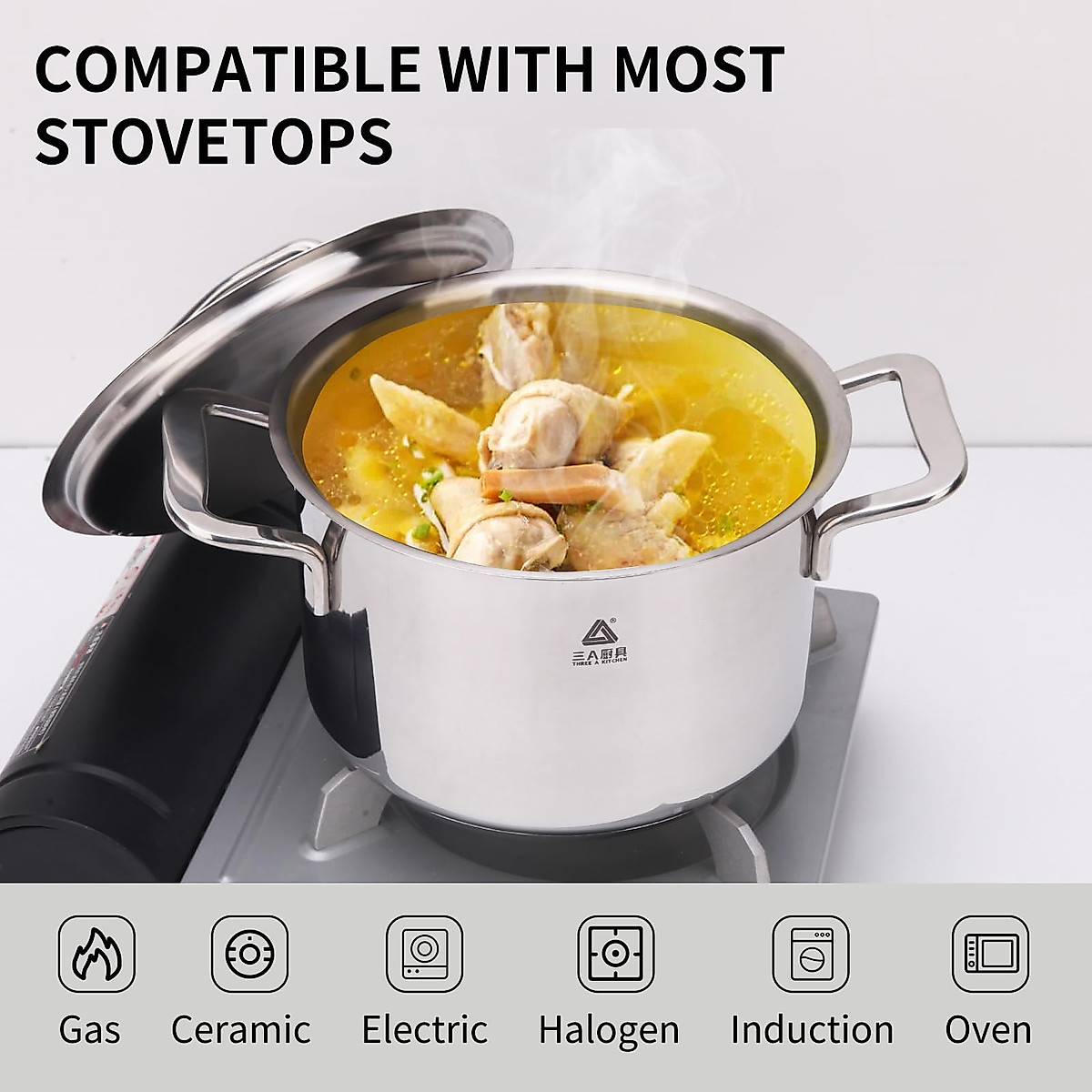 Stainless Steel Stockpot 8-Quart,Classic Deep Cooking Pot Canning Cookware with Stainless Steel Lid,3-Ply Cooking Stock Pot,Oven and Dishwasher Safe, Compatible with Induction, Ceramic, Gas Stove