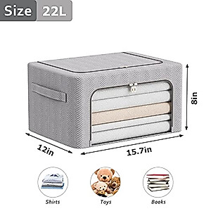 Foldable Clothes Storage Bins 2 Pack, Stackable Metal Frame Clothing Storage Box, Oxford Fabric Organizer Set with Clear Windows&Sturdy Carry Handles(22L,Light Grey)