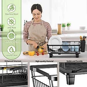 DMTXCRP Dish Drying Rack with Drainboard for Kitchen Counter, Large Capacity Durable Rustproof Stainless Steel Dish Drainer Rack with Removable Flatware Caddy -Black