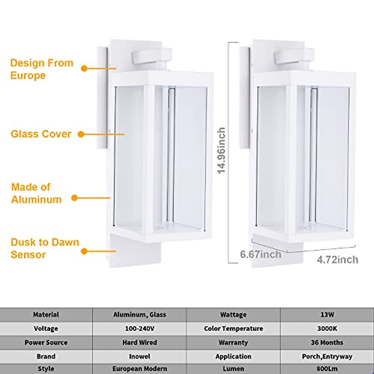 Inowel Outdoor Wall Sconce Lantern Dusk to Dawn Sensor White LED Exterior Light IP54 Waterproof Classic Wall Light Aluminum Wall Mount Lamp Lighting for Porch Front Door Garden 13W 800Lm 3000K