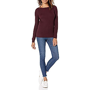 Amazon Essentials Women's Lightweight Ribbed Long-Sleeve Boat Neck Slim-Fit Sweater, Burgundy, Large