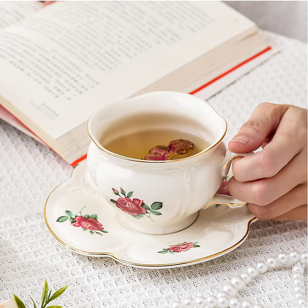 S.ROKE TTAN 8 oz Porcelain Coffee Cup and Saucer Set, White Phnom Penh Teacup Cappuccino Cup Coffee Cup with Spoons, for Drinks, Cappuccino, Latte and Tea, Set of 2 (White)