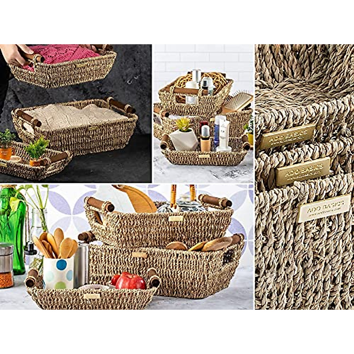 ADO Basics Wicker Basket with Stain Resistant Wooden Handles, Seagrass Wicker Baskets for organizing 14.6inchx10.5inchx5.3inch and 13inchx7.4inchx5.1inch and 9.5inchx6.6x4.5, Set of 3,Natural