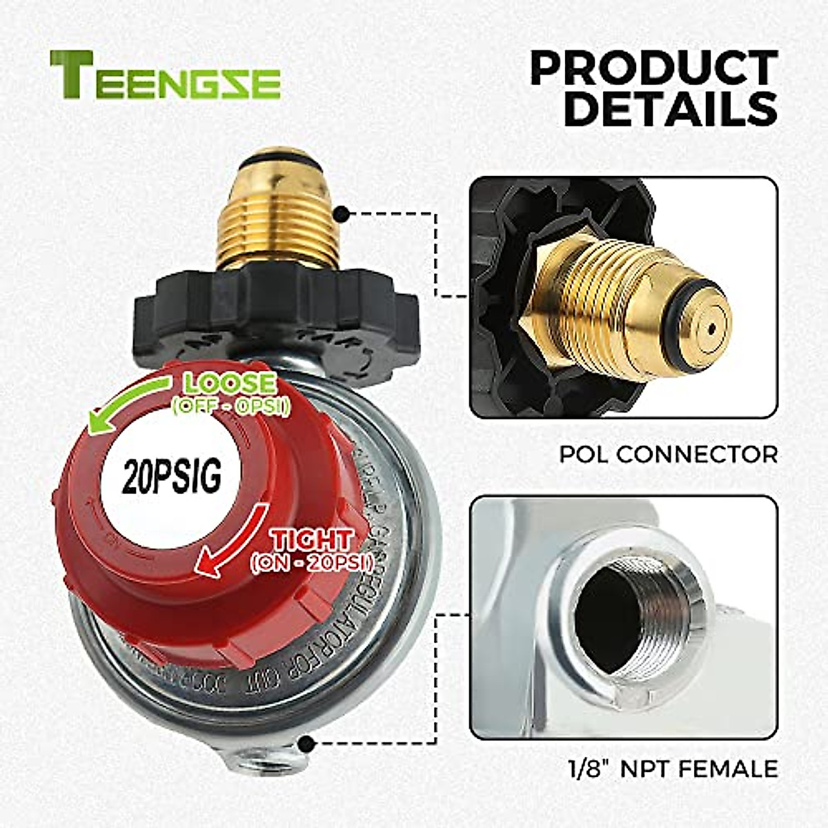 POL 0-20PSI Propane Regulator Valve, TEENGSE High Pressure Adjustable POL LP Tank Service Valve, 1/4inch NPT&3/8inch Flare Male Fitting, 5/16inch&1/4inch Hose Barb Connector for Generators, Burners
