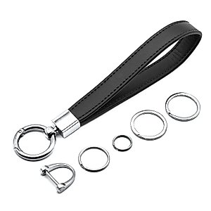 MECHCOS Car Key Fob Keychain Holder Genuine Leather Wristlet Loop Key Chain Circle Carabiner Clip for Men and Women with Anti-Lost D Ring, Screwdriver, 4 Key Rings, 360 Degree Rotatable, Black