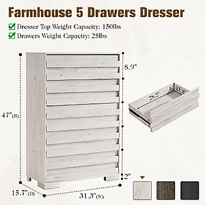Albott Farmhouse 5 Drawers Dresser, Wood Rustic Chest of Drawers for Bedroom, Tall Dressers Organizer with Hidden Handles for Living Room, Hallway, Entryway, Distressed White