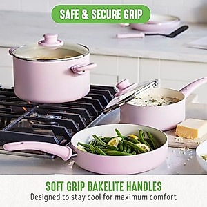 GreenLife Soft Grip Healthy Ceramic Nonstick 18 Piece Kitchen Cookware Pots and Frying Sauce Saute Pans Set, PFAS-Free with Kitchen Utensils and Lid, Dishwasher Safe, Soft Pink