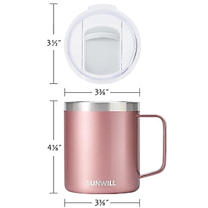 SUNWILL Coffee Mug with Handle, 14oz Insulated Stainless Steel Coffee Travel Mug, Double Wall Vacuum Reusable Coffee Cup with Lid, Rose Gold