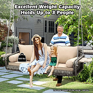 Decomax Wicker Hanging Porch Swing Chair 3-Seats Outdoor Gray Rattan Patio Swing Lounge with Cushions Cupholders Capacity 660lbs for Garden, Balcony, Living Room (Porch Swing with Armrest Pillows)