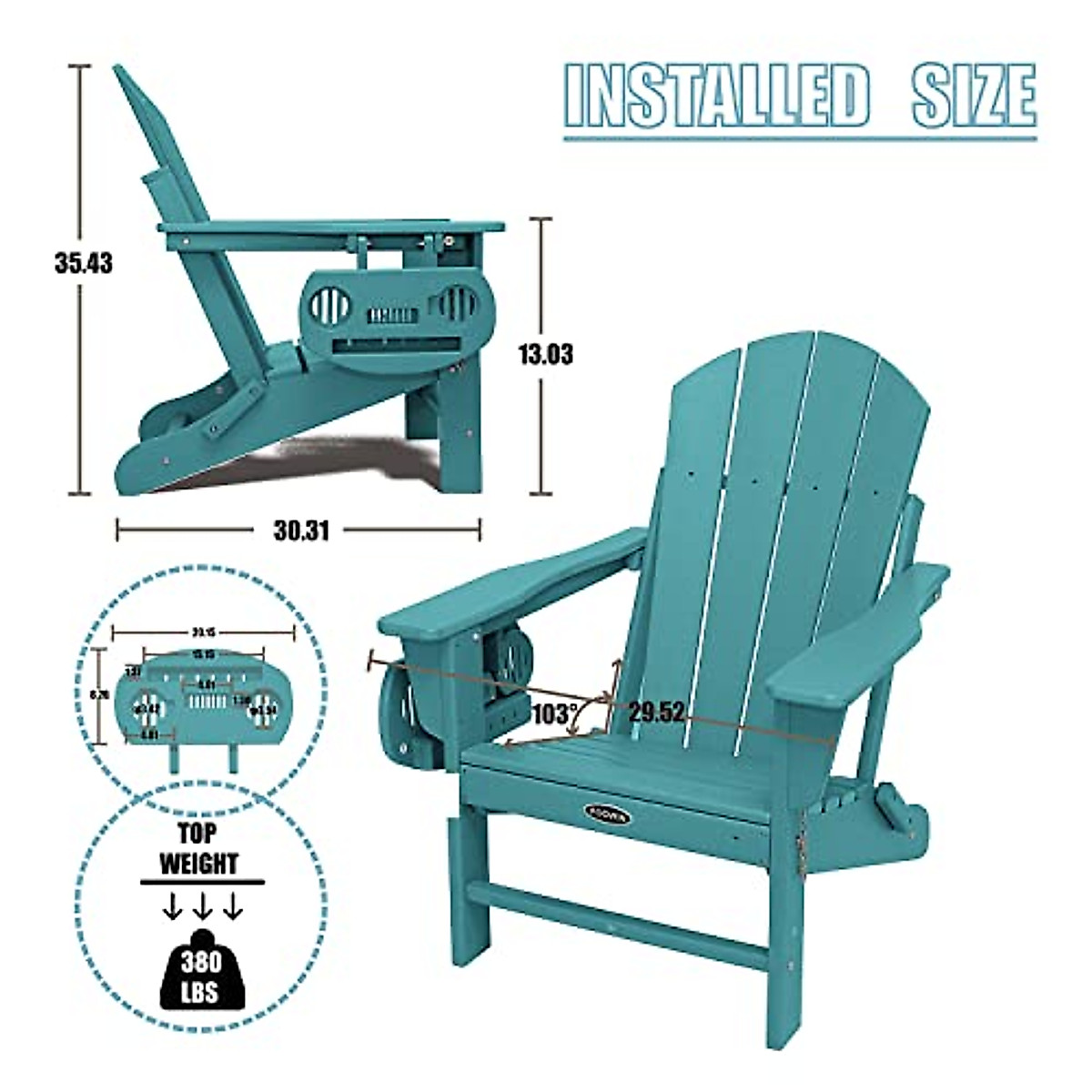 FOOWIN Adirondack Chair, Lounge Chair w/4 in 1 Cup Holder Trays, Folding Patio Chairs Weather Resistant, Fire Pit Chair for Deck, Garden, Backyard & Lawn Furniture