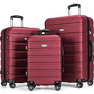 YEMENREN Luggage Sets Hardside Lightweight Suitcase with Spinner Wheels TSA Lock, 3-Piece Set (20/24/28), Red