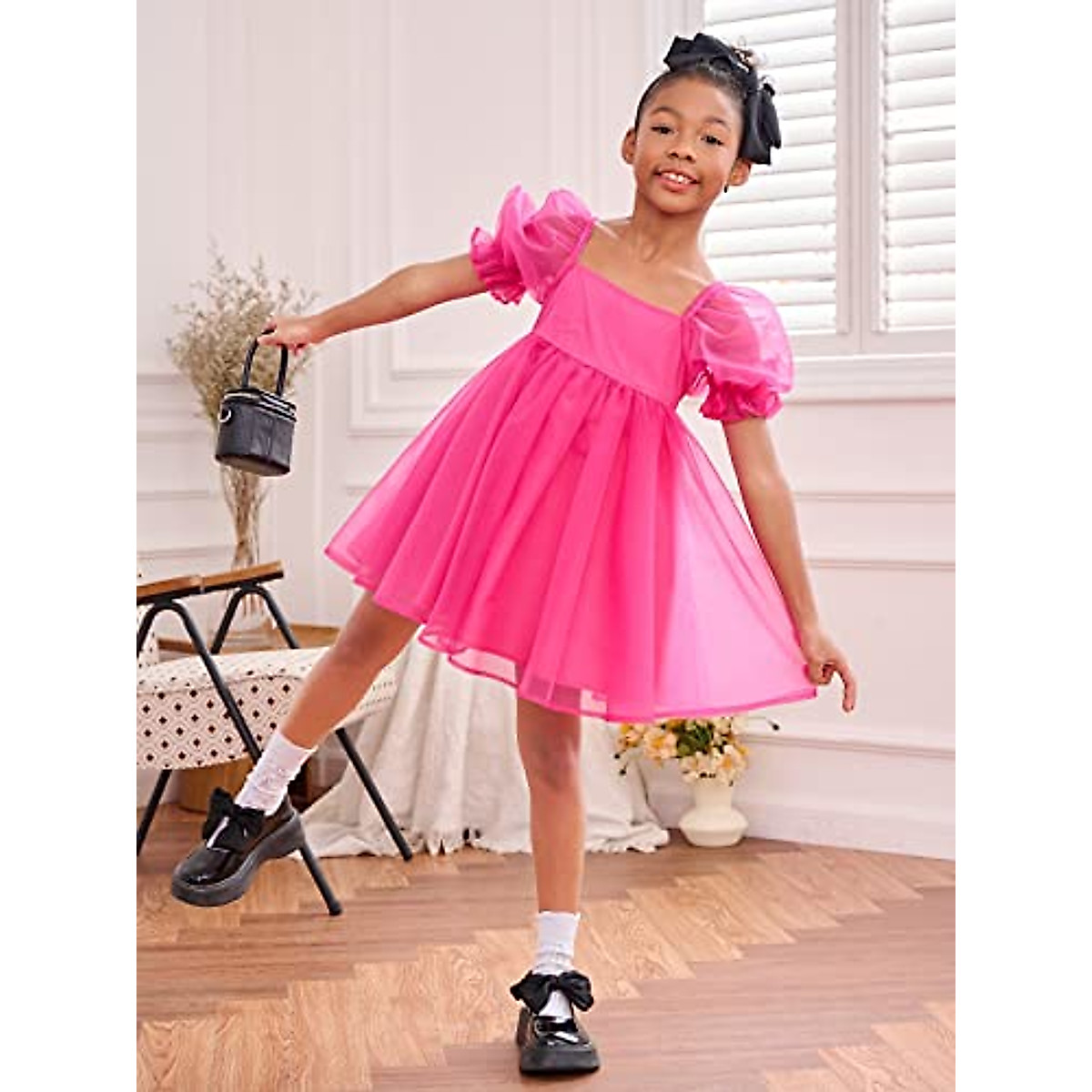 Verdusa Girl's Puff Short Sleeve Square Neck Mesh Short A Line Swing Dress Hot Pink 10Y