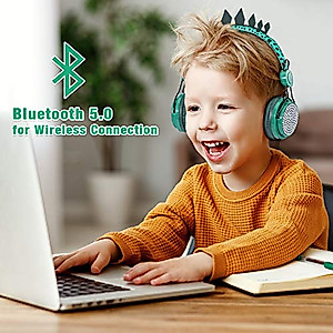 Kids Headphones Boys Wireless Bluetooth Headset w/Mic Over On Ear for School/pc/ipad,Dinosaur Headphones for Kids Children Girls, Volume Limited Adjustable Headset w/1pc Dinosaur Party Bag, Green